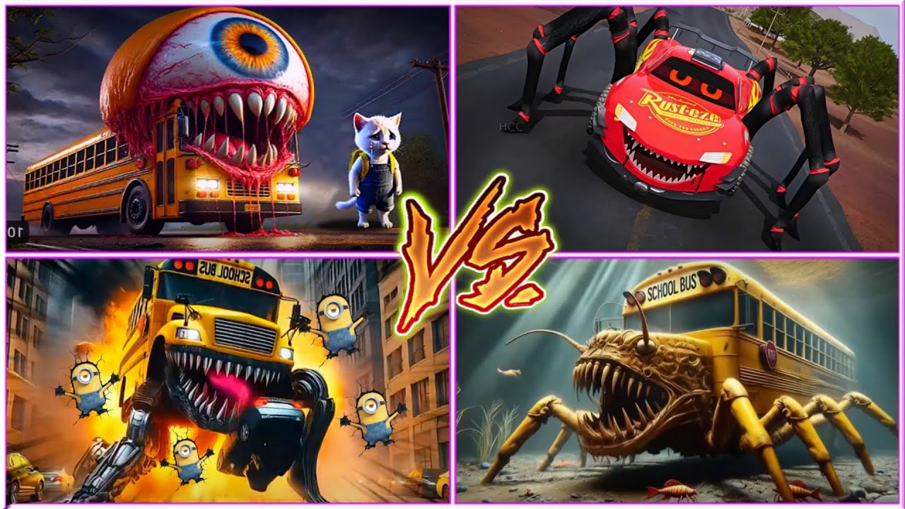 School Bus Monster🆚MCqueen Spider🆚Funny Minions🆚School Bus Spider🎶 ...
