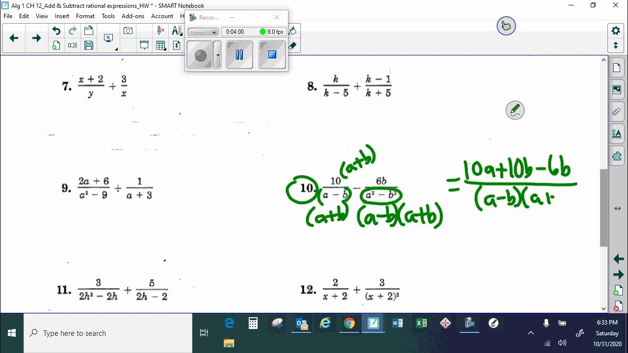 Alg 1 CH 12 Add & Subtract rational expressions HW 7 min - YouTube