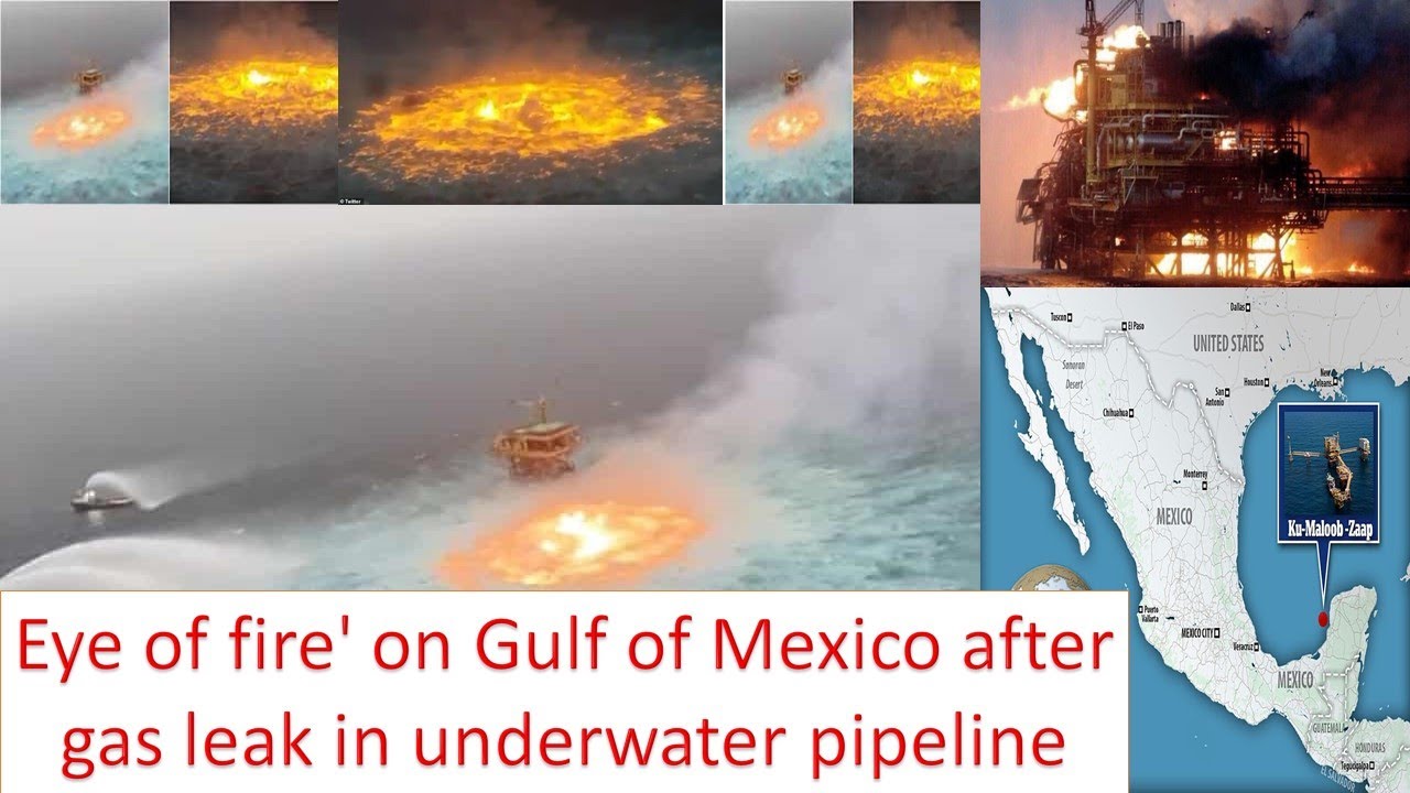 Gulf of Mexico fire : Eye of fire Gas leak underwater pipeline surface ...