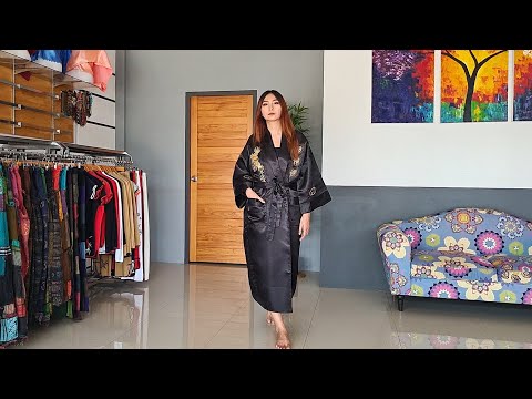 Damen Drachen Wende-Kimono Morgenmantel Schwarz