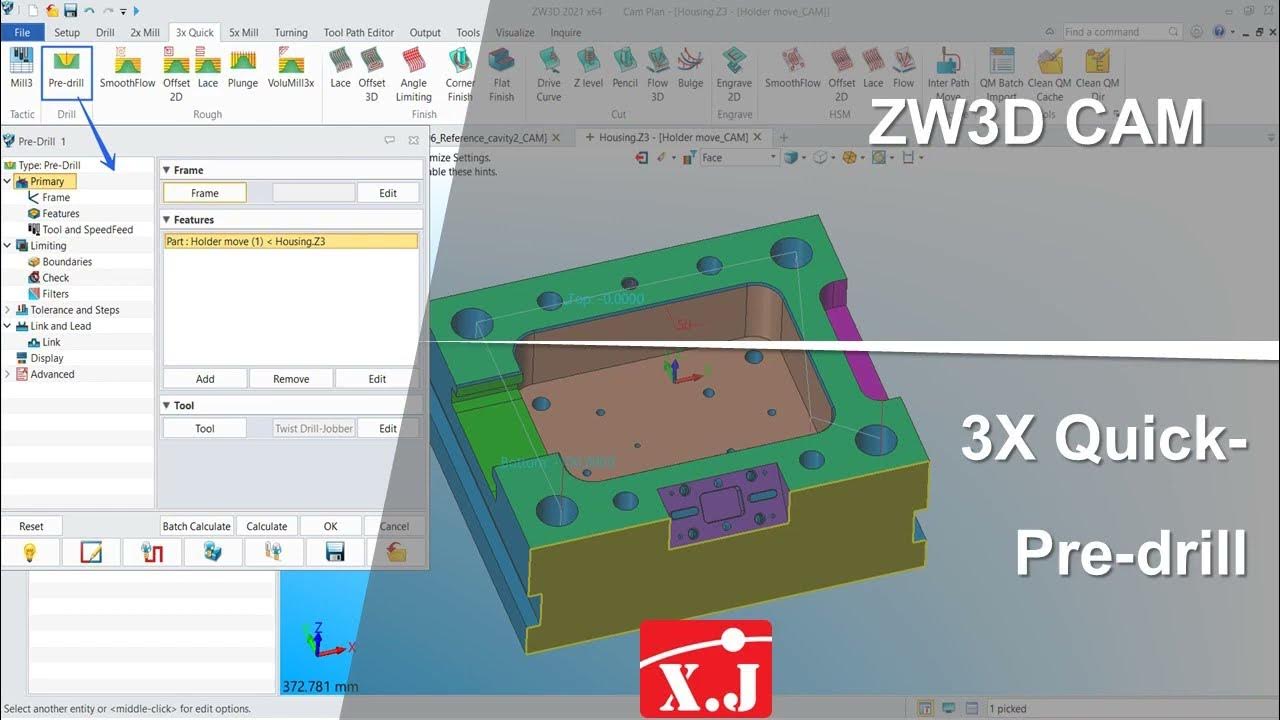 ZW3D คู่มือ สอนการใช้งาน CAM 3X Mill Pre drill - YouTube