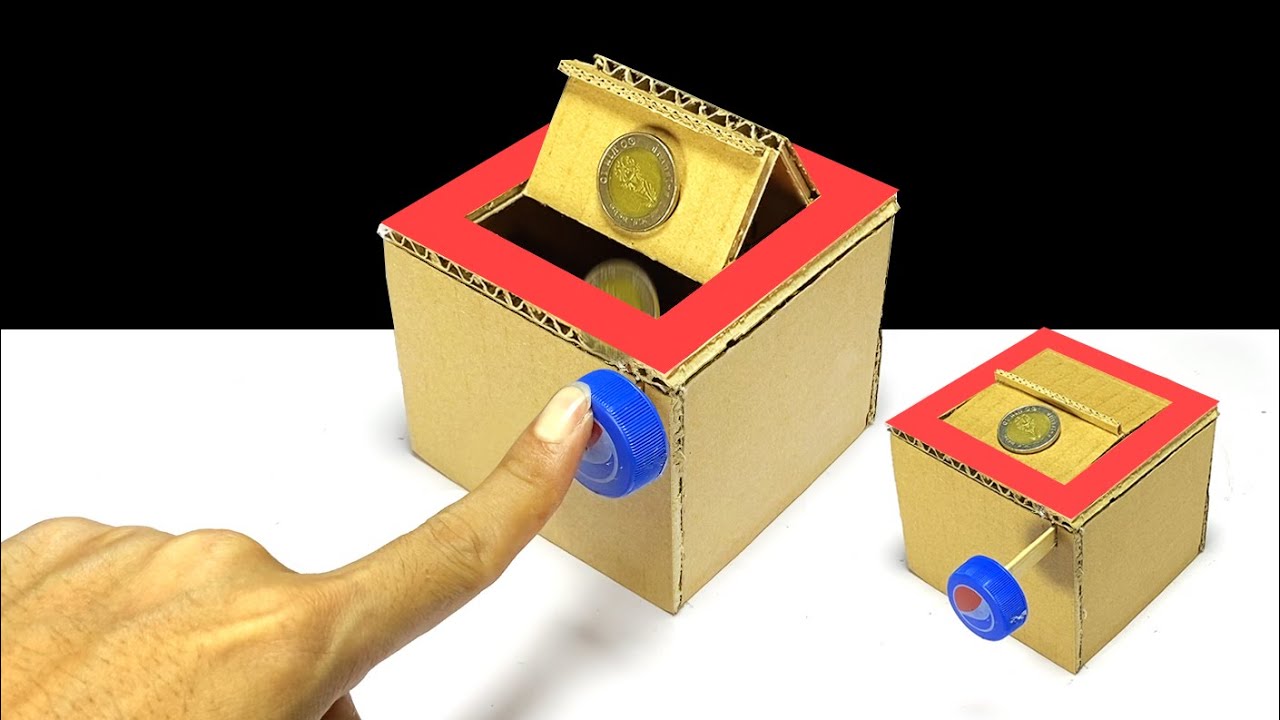 DIY Coin Bank Box from Cardboard | วิธีทำออมสินกดเหรียญลงกล่อง - YouTube