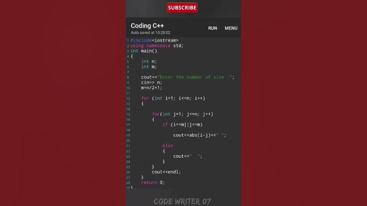 Best C++ pattern program tutorial video || 💯🧠 #codewriter07 #coding #youtubeshorts #programming ...