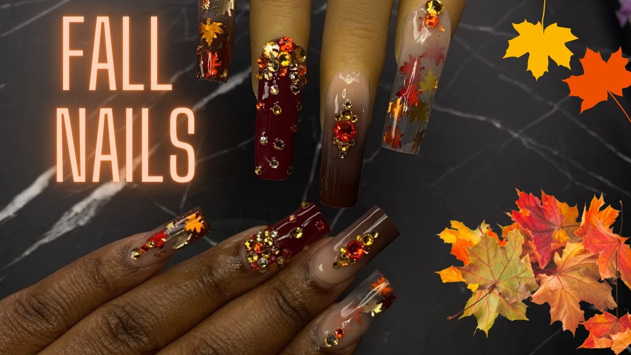 FALL NAILS | ACRYLIC OMBRE NAILS | ENCAPSULATED LEAVES #nailart #nails ...