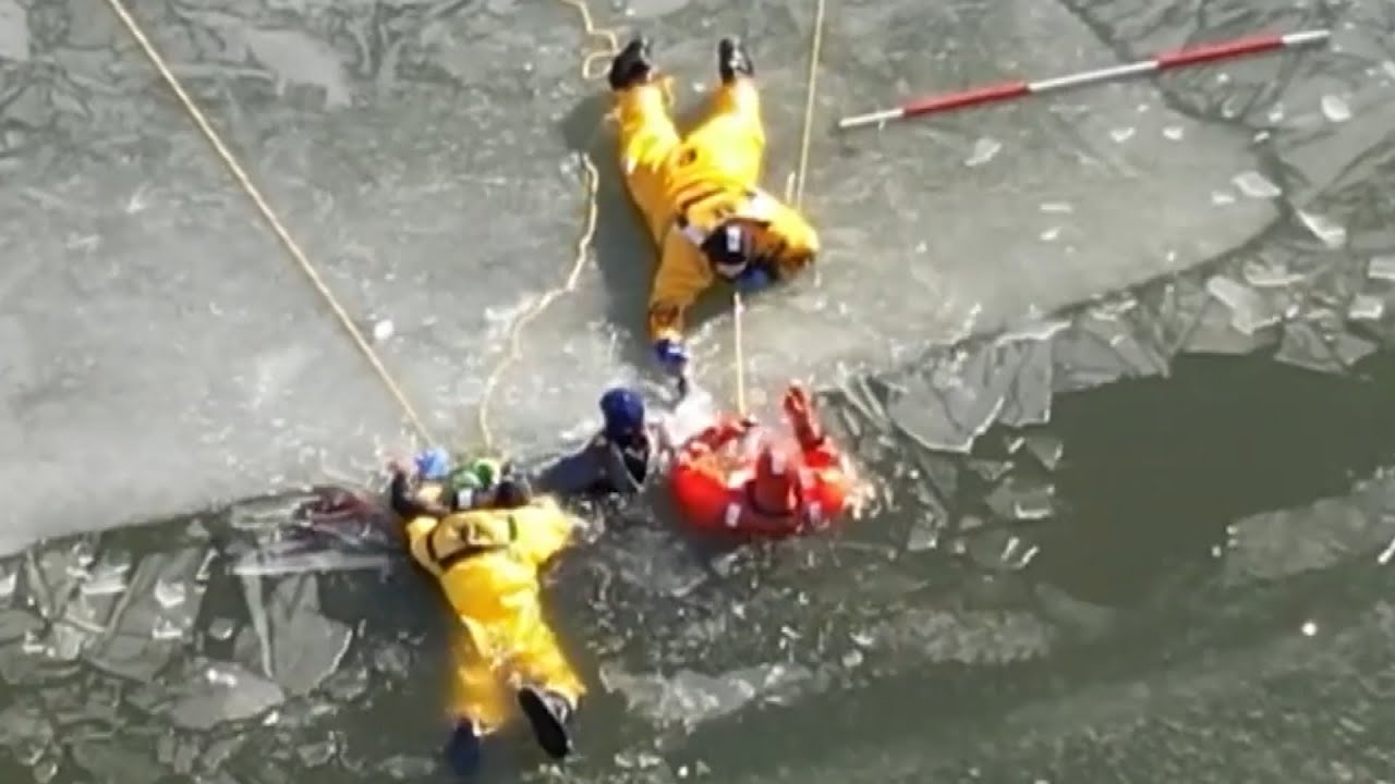 2 Teens Rescued From Ice By Firefighters Training For Ice Rescues - YouTube