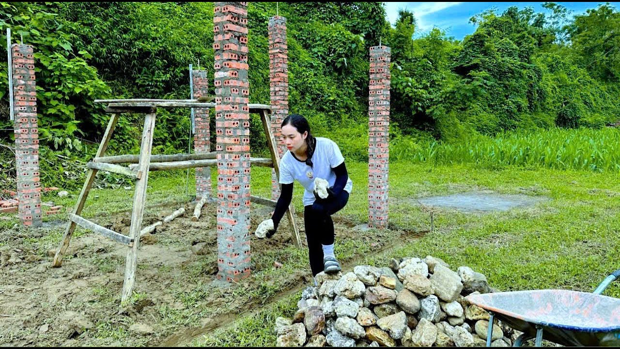 Digging the foundation of a house alone - Transporting stones to build ...