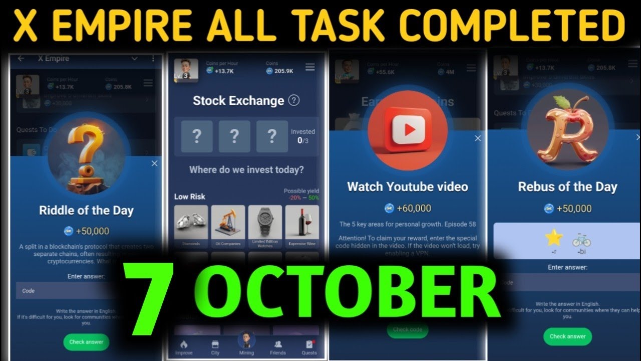 7 October All Quests Code X Empire | Youtube Video Code | Rebus Of The ...