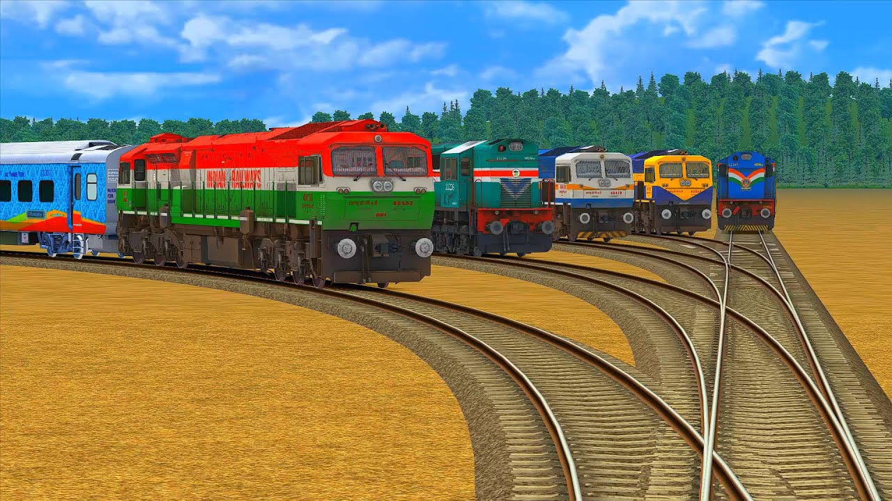 5 Diesel trains Crossing On Very Sharp Bend Railroad Track-Kereta Api ...