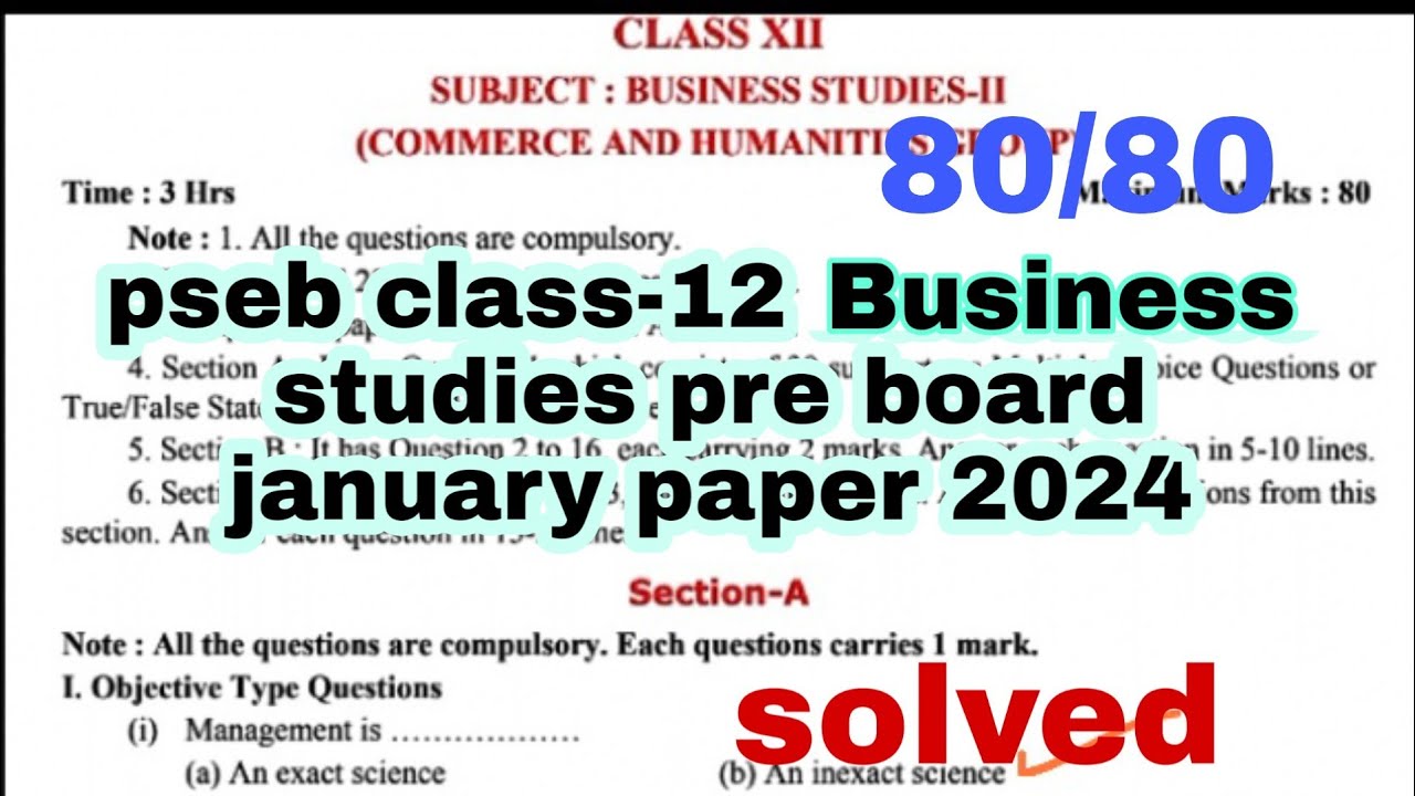 pseb class-12 Business studies pre board paper 2024 solved - YouTube