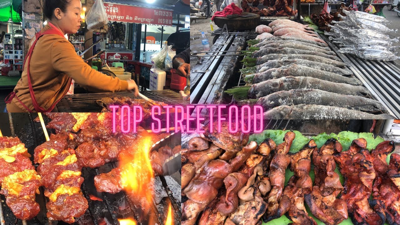 Amazing street food in the evening in Boeung Trabek Market,Phnom Penh ...