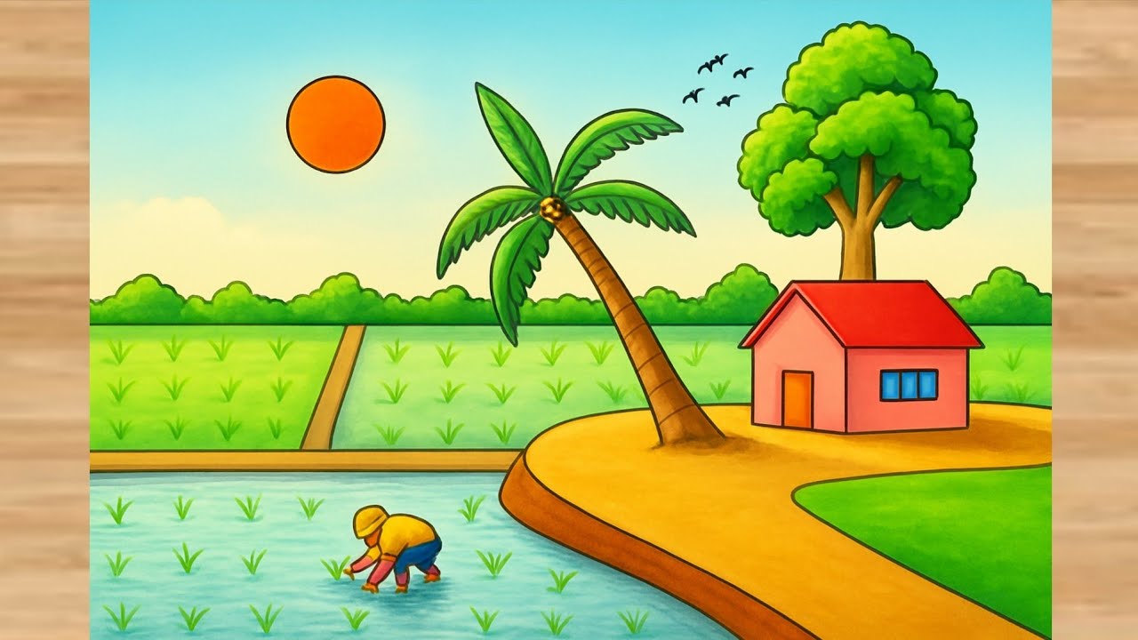 Natural scenery drawing| Beautiful scenery drawing| Paddy field scenery ...