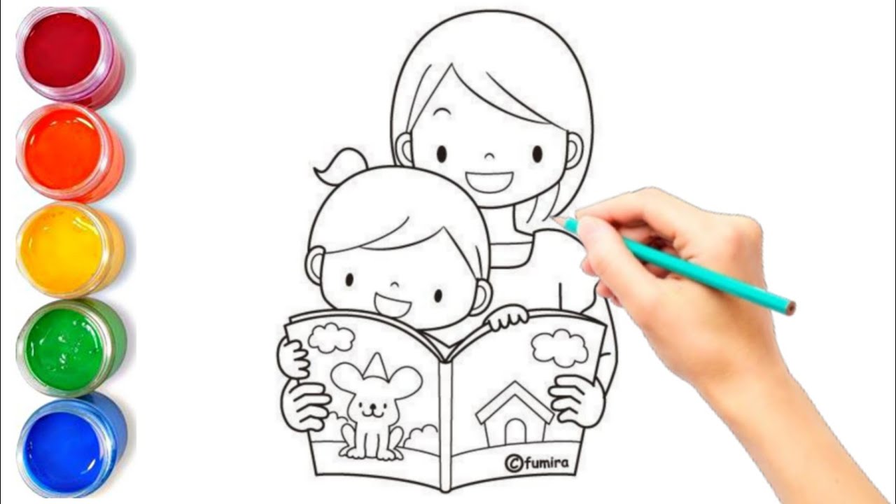 How to draw easy mother and daughter reading story book | easy drawings ...