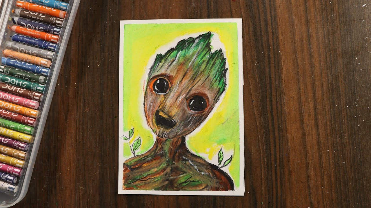 Little Groot / Easy Drawing with Oil Pastels for Beginners / Step by ...