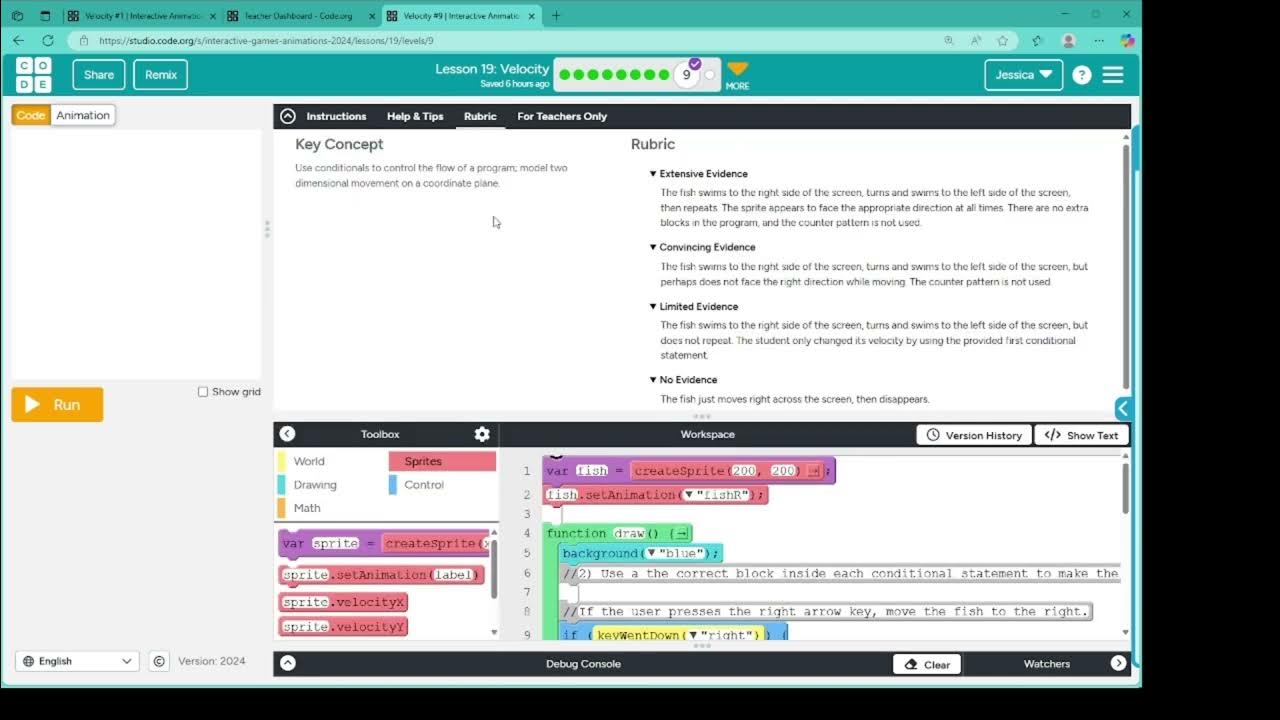 Lesson 19: Velocity: Level 9 - Code.org - CS Discoveries - Unit 3: Interactive Animations ...