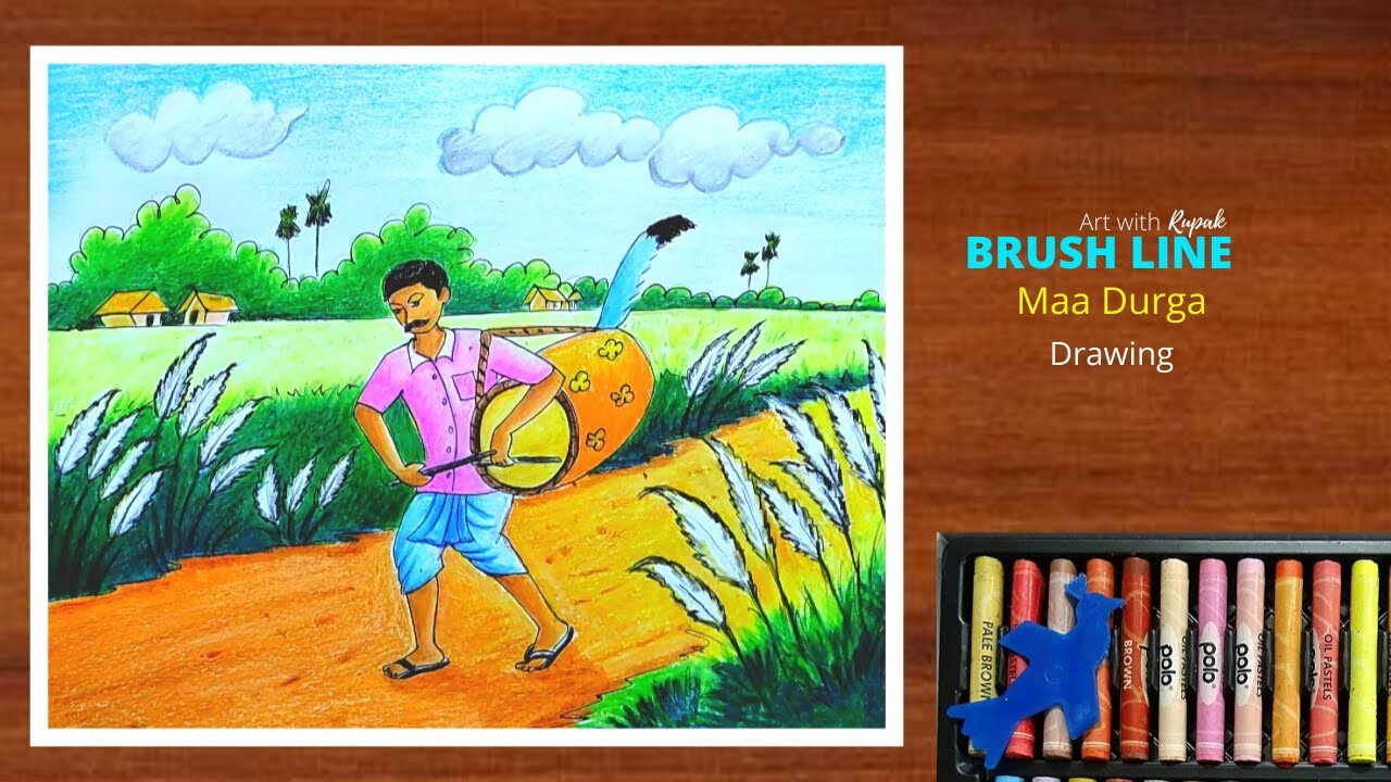 Maa Durga puja scenery drawing. How to dra village Durga puja drawing ...