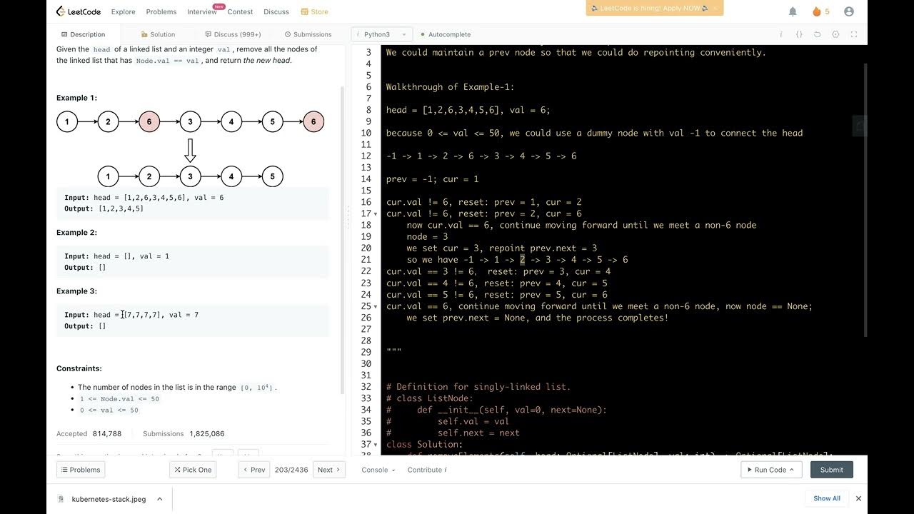 leetcode 203. Remove Linked List Elements - linear scan and check - YouTube