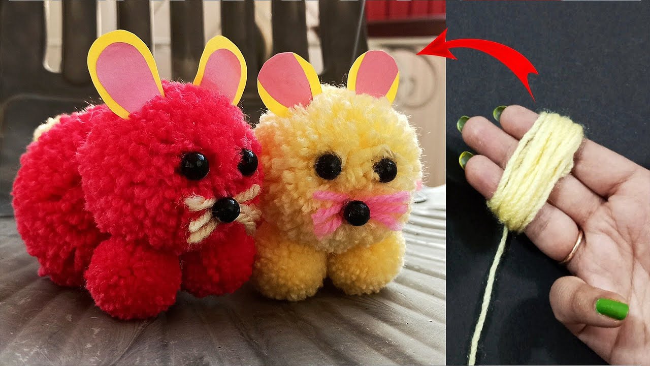 Easy Pom Pom Rabbit Making With Wool and Fingers - DIY Pom Pom Rabbit ...