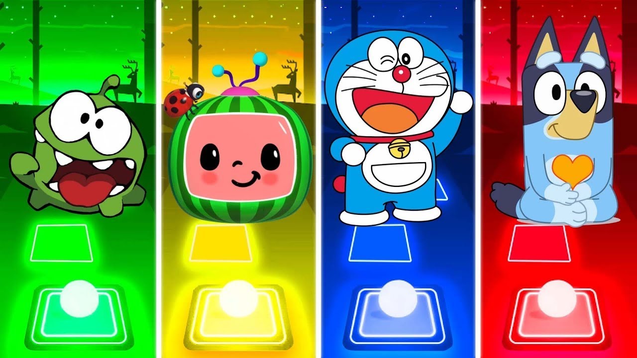 Om Nom Vs Cocomelon Vs Doraemon Vs Bluey - Tiles Hop EDM Rush! - YouTube