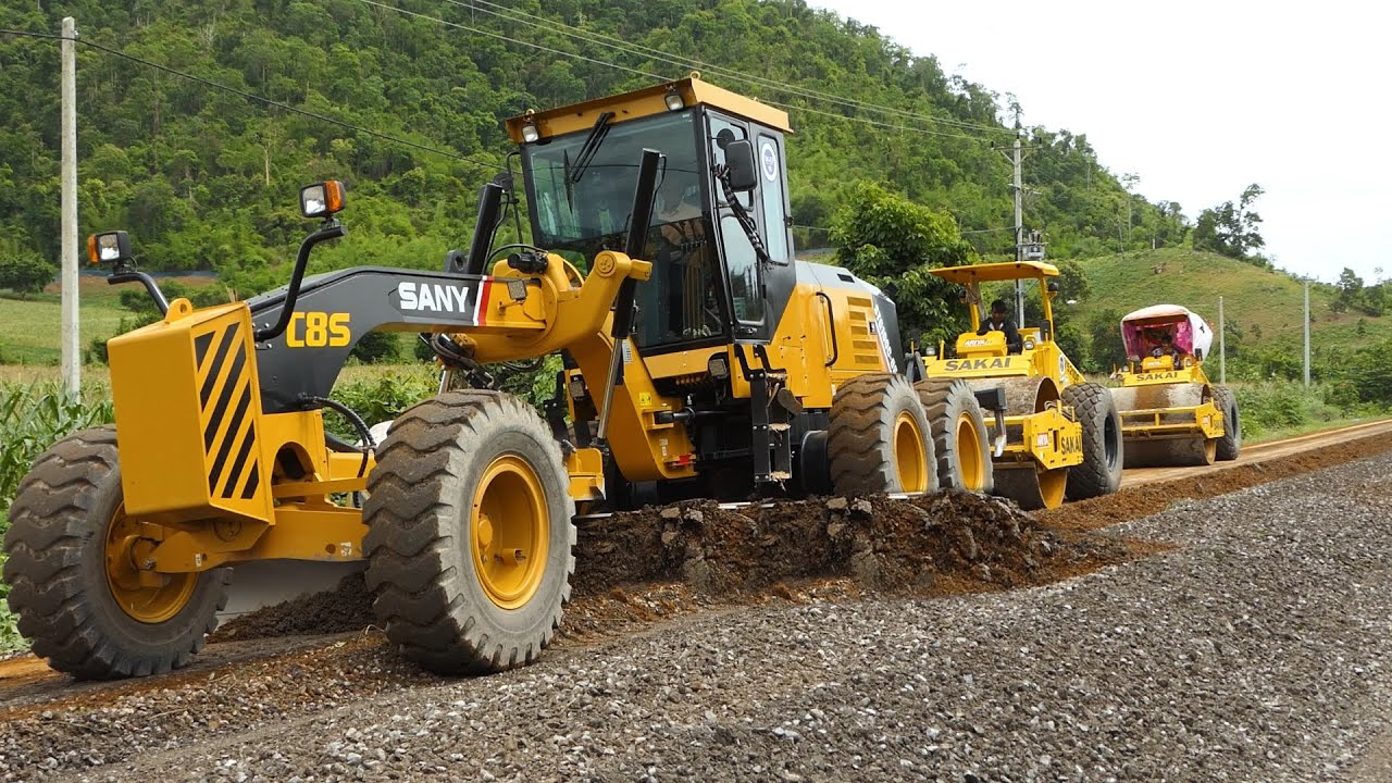 Powerful Operating Team SANY Motor Grader Mixing Gravel Process & Road ...