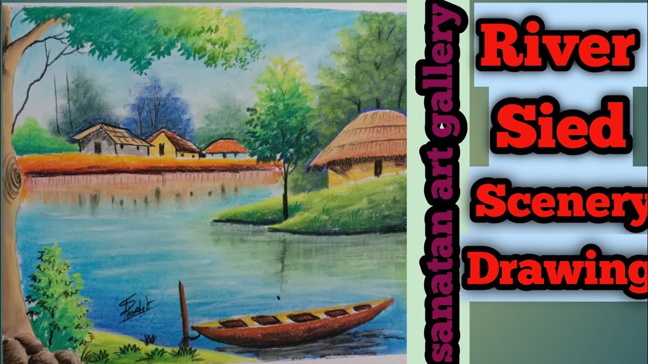 RIVER SIDE VILLEGE SCENERY DRAWING WITH PASTEL COLOUR||HOW TO DRAW ...