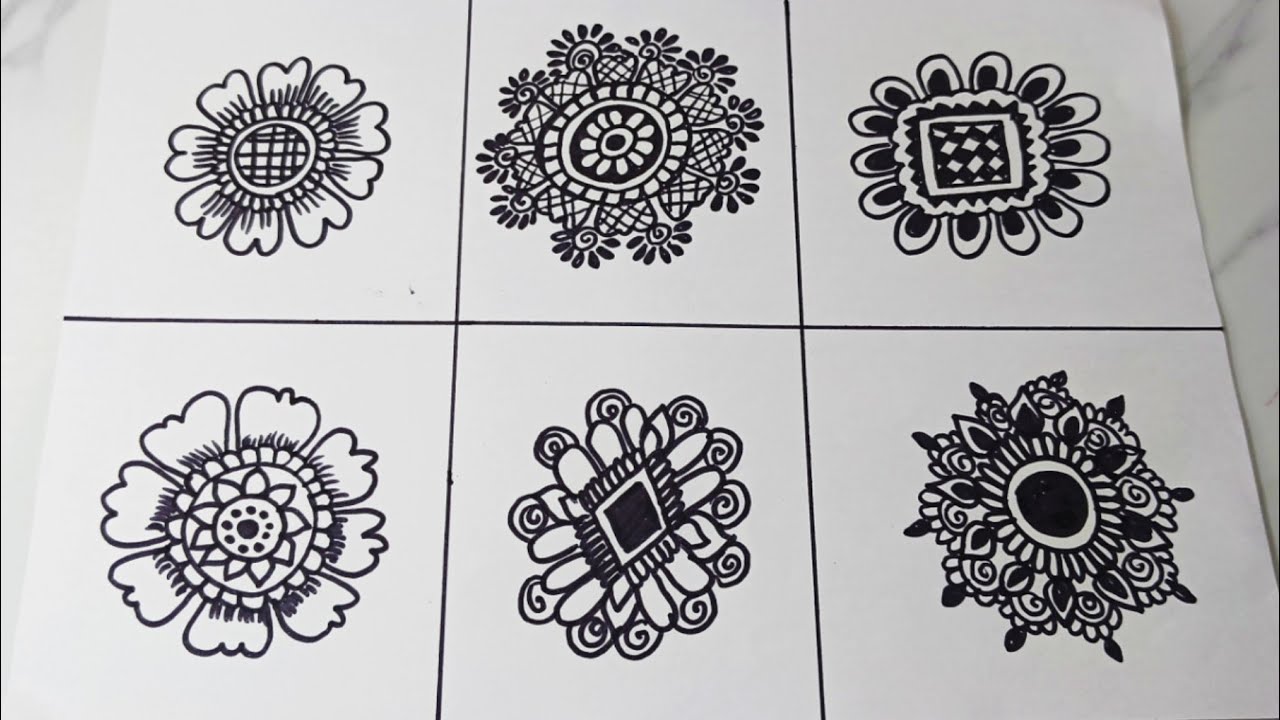6 different gol tikki flowers mehndi designs drawing// drawing tutorial ...