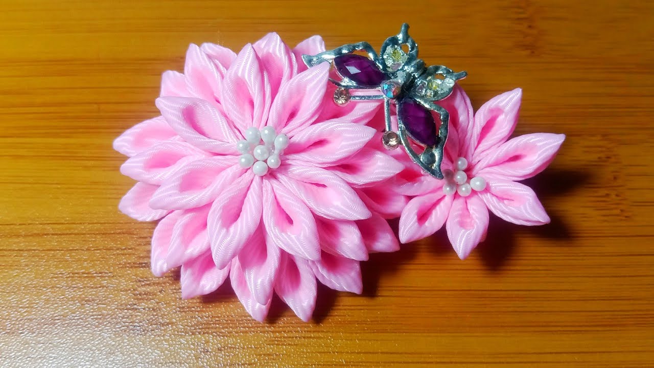 DIY Kanzashi Flower Tutorial || Beautiful Pink Kanzashi Brooch with ...