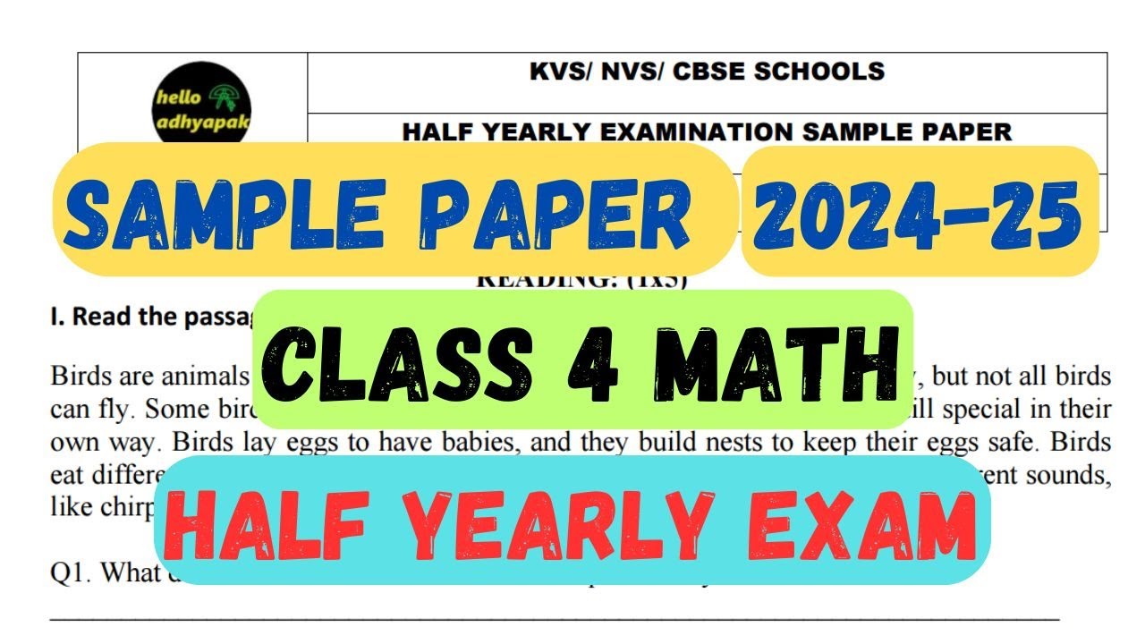 CLASS 4 MATH HALF YEARLY Question Paper 2024 #class4 KV Class 4 Math ...