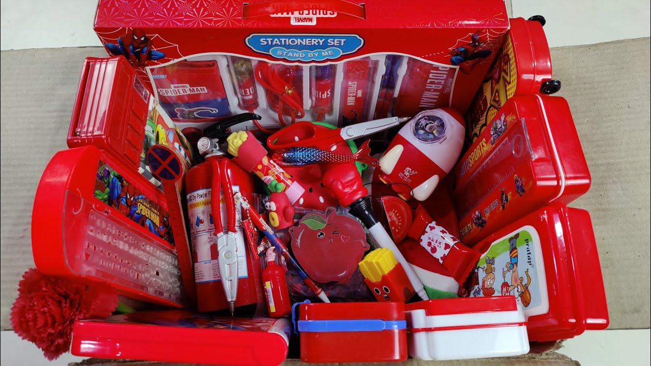 box full of red stationery collection- pencil box collection, toy ...