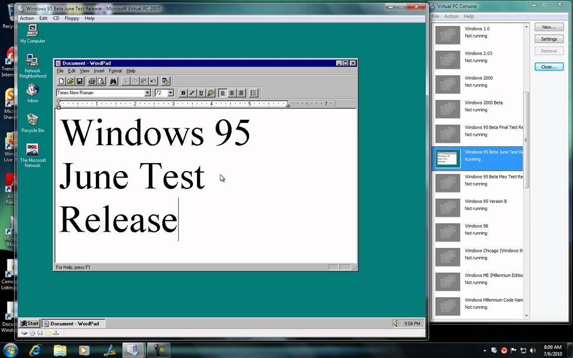 Windows 95 June Test Release in Virtual PC 2007 - YouTube