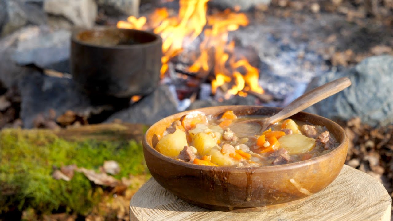 Winter Stew - Cooked in a Stone Bowl over a Camp Fire - YouTube