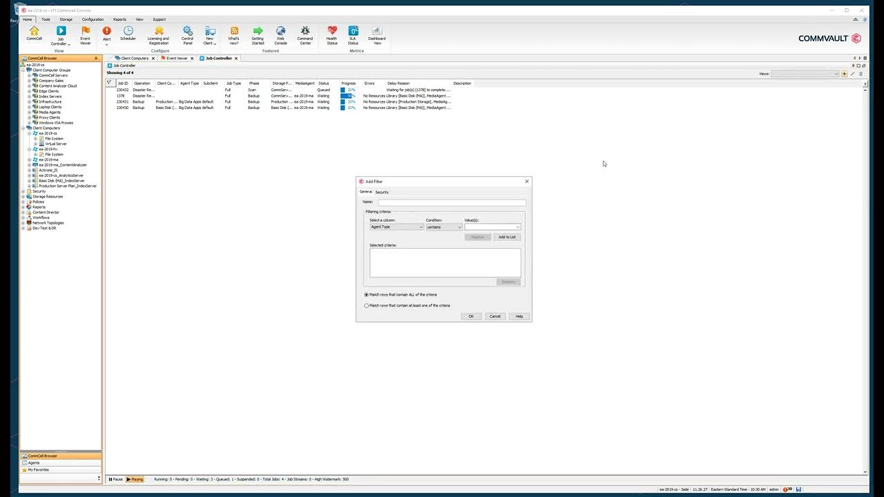 Commvault V11 Commcell Console Browser Window Job Summary Window And Event Viewer Window