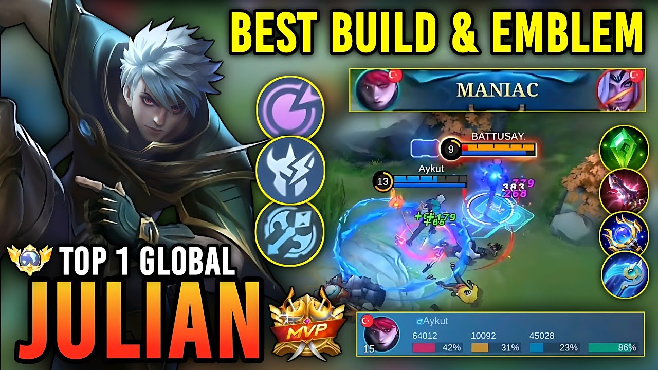 MANIAC!! JULIAN BEST BUILD & EMBLEM 2023 | TOP 1 GLOBAL JULIAN GAMEPLAY ...