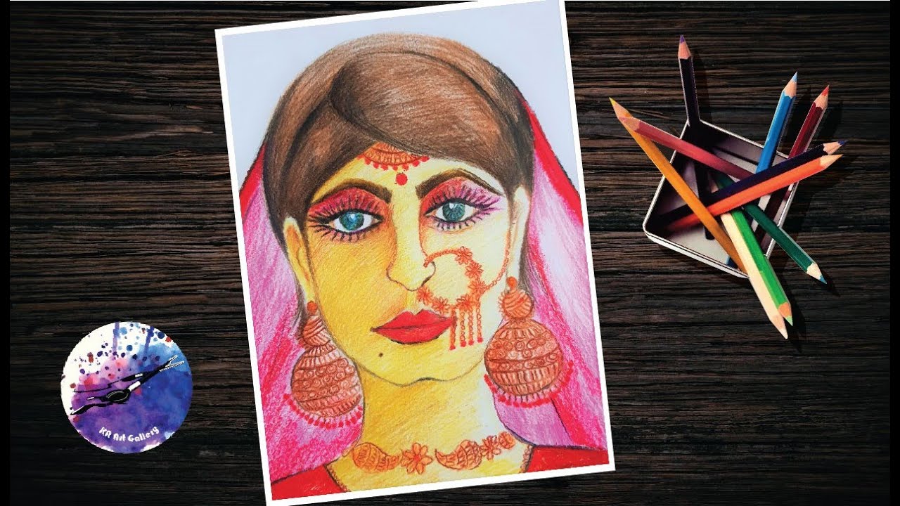 An Indian Bride Portrait Drawing 👰 How to draw a girl with Indian ...