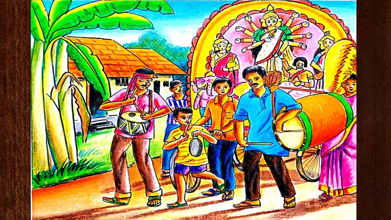 Bengali festival durga Puja scenery drawing step by step/Durga Puja ...