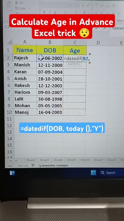 Calculate Age of Person in Ms Excel 😯#excel #exceltricks #shorts #exceltips #spreadsheets # ...