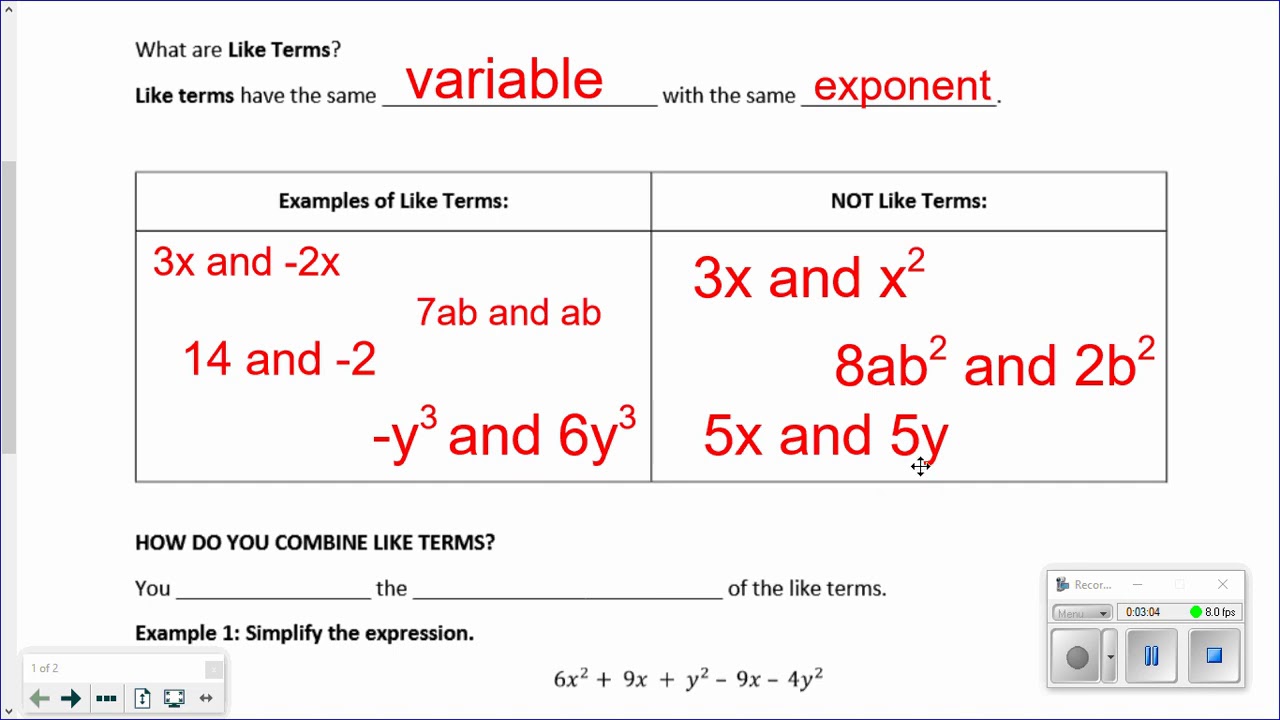 Algebra Honors | Combining Like Terms Notes (U1 D2) - YouTube