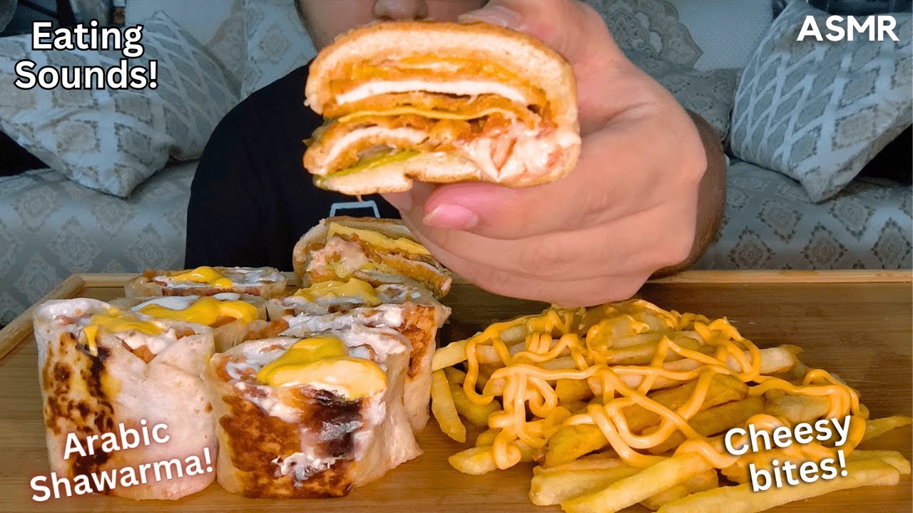 ASMR Arabic Shawarma Chicken zinger sandwich Cheesy fries eating ...