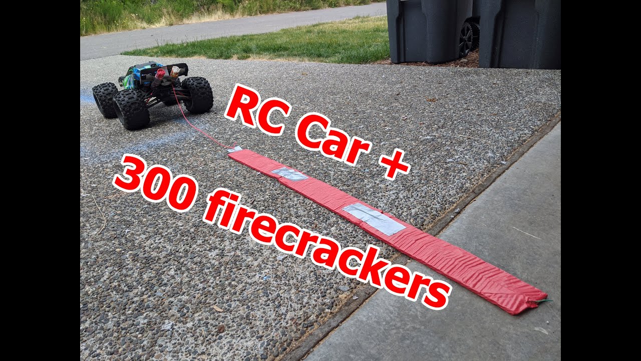 RC car + fireworks. Traxxas E-Revo 2.0 dragging 300 firecrackers. - YouTube