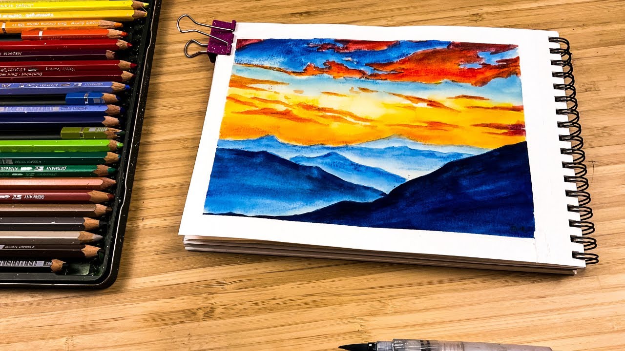 Dramatic sunset landscape painting tutorial with watercolor pencils ...