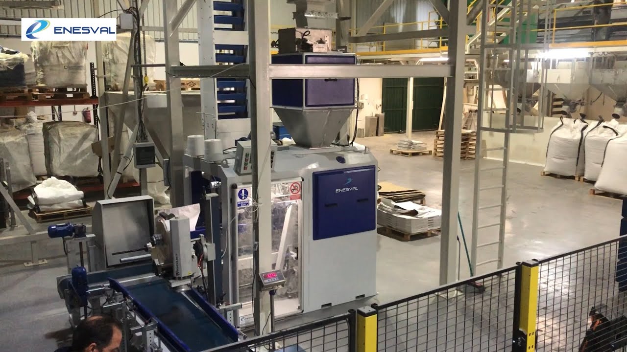 Línea producción sacos 25kg colocador + báscula ensacadora +robot ...