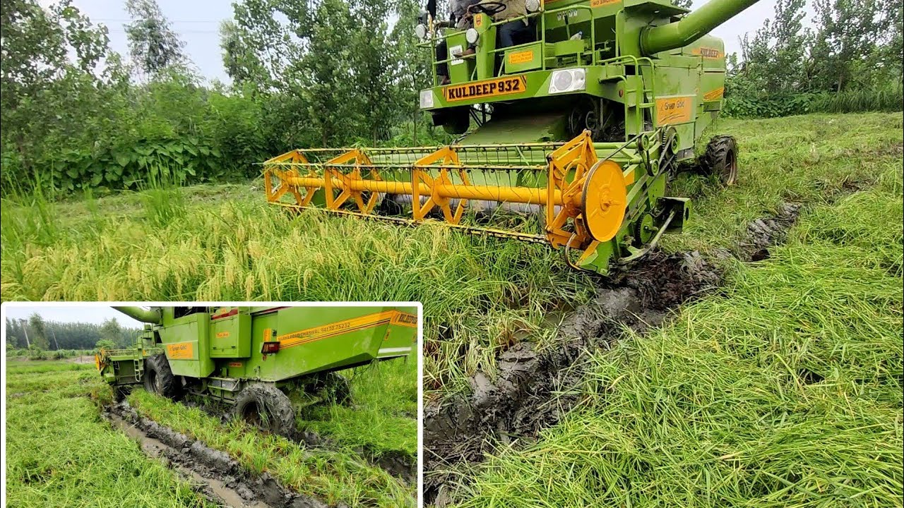Kuldeep 932 4Wd Combine Doing Harvesting in Muddy Land | Rainy Season ...