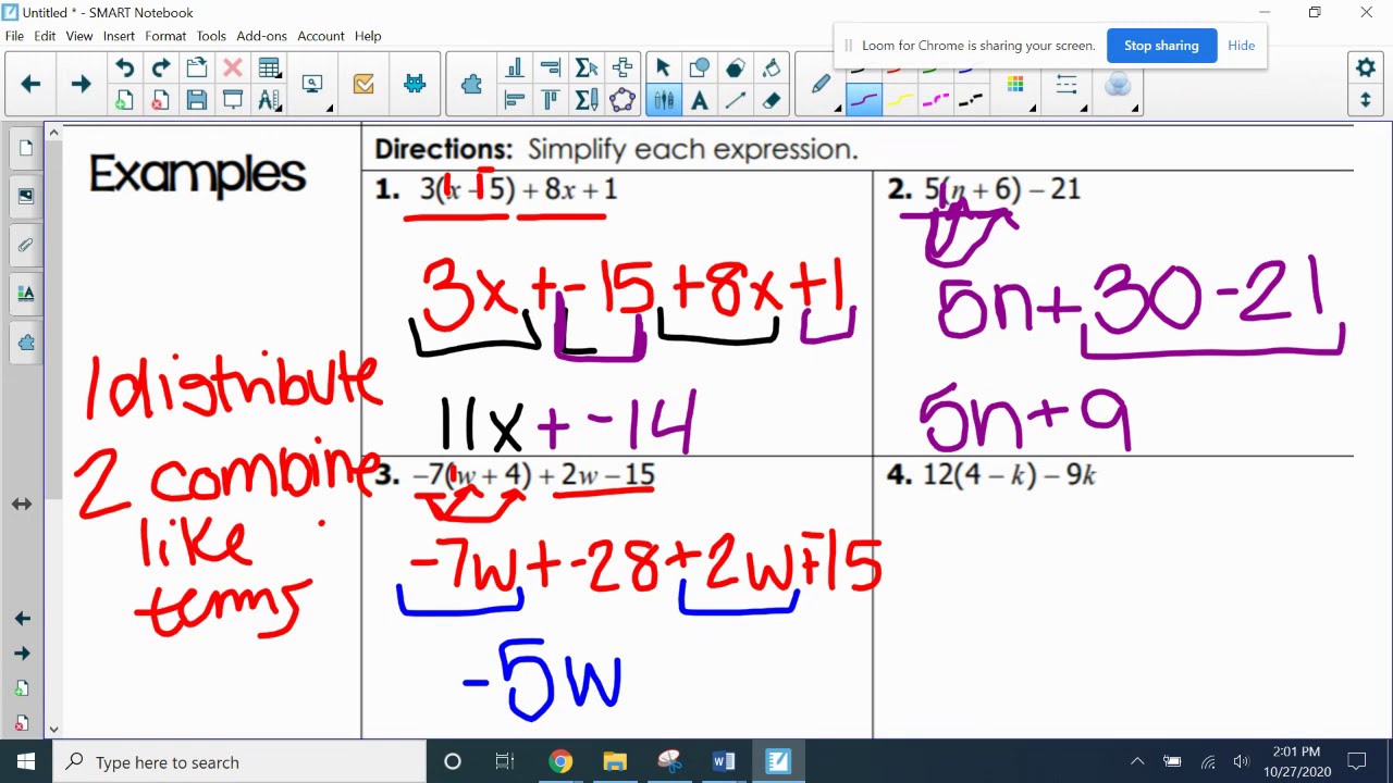 Simplifying Expressions by Combining Like Terms and Distributing - YouTube