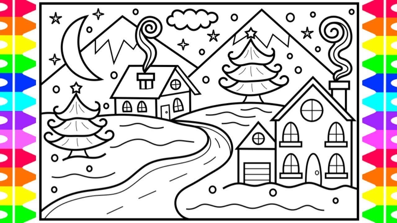 How to Draw Winter Season Scenery ️Winter Scenery Drawing and Coloring ...
