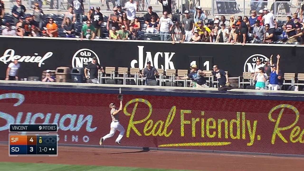 Nady hits outfield wall while robbing a hit - YouTube