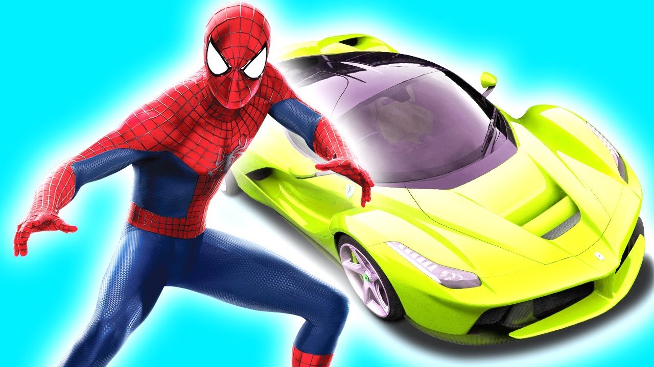 SPIDERMAN RACING on MOTORCYCLE, CAR, MINIVAN and JET. Learn colors for ...