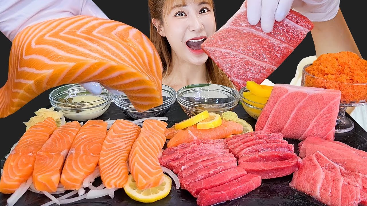 Raw Tuna And Salmon Sashimi 최고급 통참치🐟참다랑어 And 통연어 날치알 먹방 이팅사운드 Eating Sounds