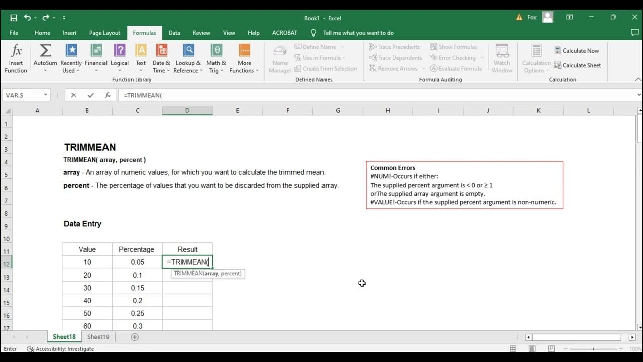 TRIMMEAN STATISTICAL FUNCTION IN EXCEL 28.0 - YouTube