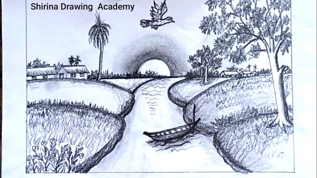 How to draw river village scenery step by step || Scenery drawing ...