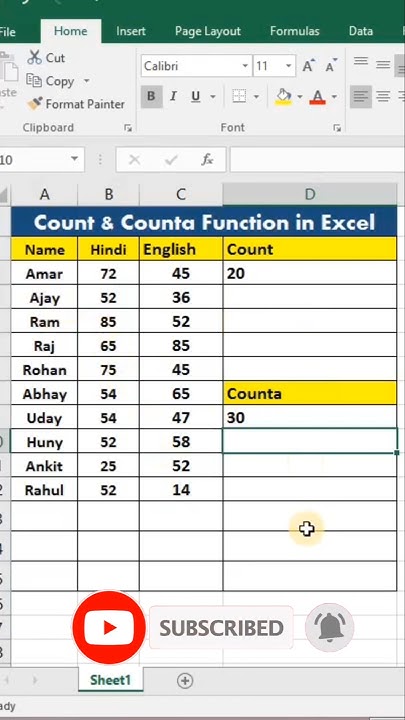 Count & Counta function /#shorts /#excel/how to use Count & Counta function - YouTube