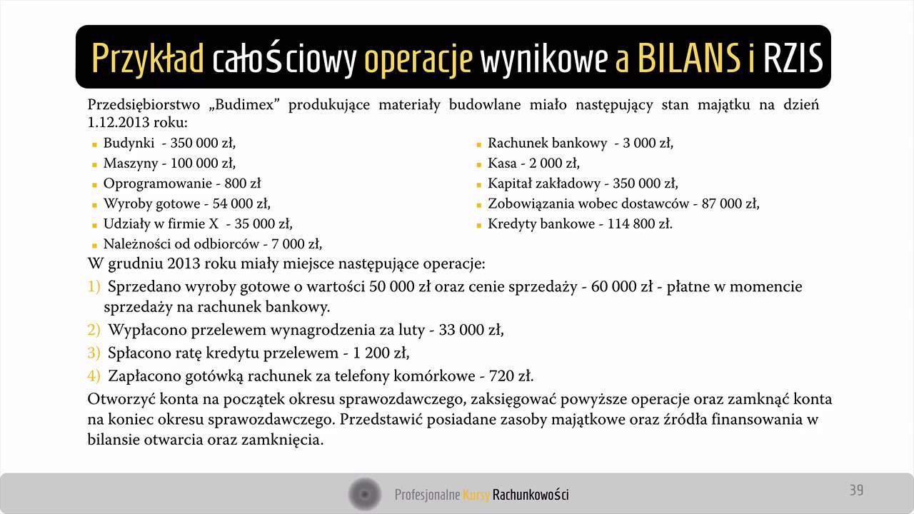 15. Przykład całościowy operacje wynikowe a bilans - YouTube